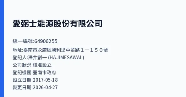 愛弼士能源股份有限公司的照片-統編 64906255(臺南市) 公司登記資料與營業項目詳細圖表