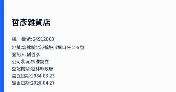 哲彥雜貨店的照片-統編 64912003(雲林縣) 公司登記資料與營業項目詳細圖表
