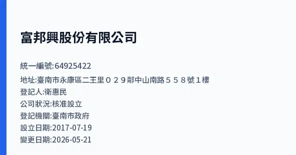 富邦興股份有限公司的照片-統編 64925422(臺南市) 公司登記資料與營業項目詳細圖表
