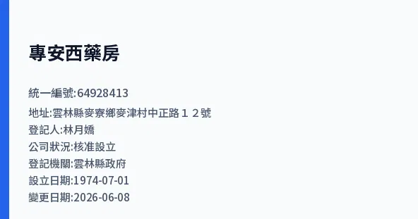 專安西藥房的照片-統編 64928413(雲林縣) 公司登記資料與營業項目詳細圖表