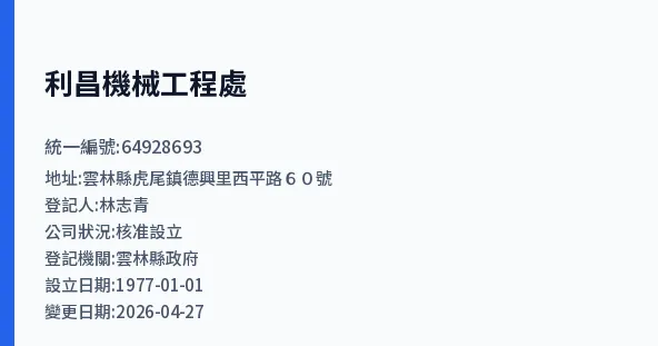 利昌機械工程處的照片-統編 64928693(雲林縣) 公司登記資料與營業項目詳細圖表