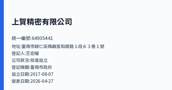 上賀精密有限公司的照片-統編 64935441(臺南市) 公司登記資料與營業項目詳細圖表