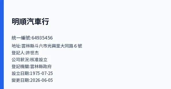 明順汽車行的照片-統編 64935456(雲林縣) 公司登記資料與營業項目詳細圖表