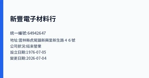 新豐電子材料行的照片-統編 64942647(雲林縣) 公司登記資料與營業項目詳細圖表