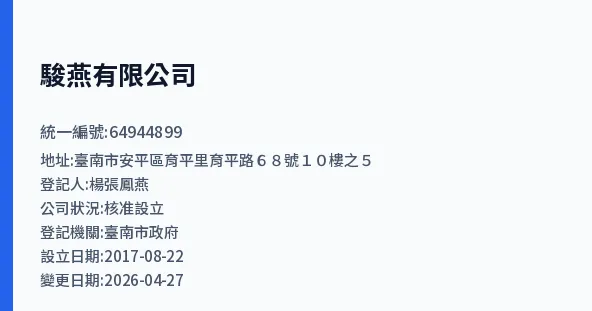 駿燕有限公司的照片-統編 64944899(臺南市) 公司登記資料與營業項目詳細圖表