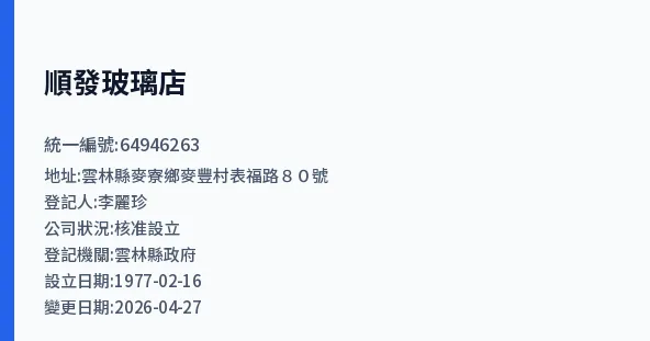 順發玻璃店的照片-統編 64946263(雲林縣) 公司登記資料與營業項目詳細圖表