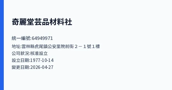 奇麗堂芸品材料社的照片-統編 64949971(雲林縣) 公司登記資料與營業項目詳細圖表