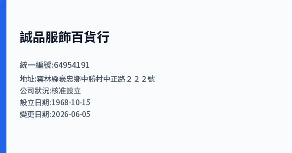 誠品服飾百貨行的照片-統編 64954191(雲林縣) 公司登記資料與營業項目詳細圖表