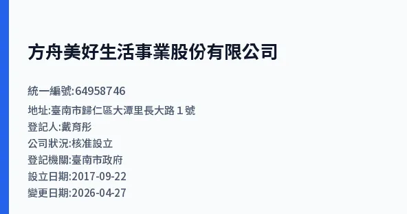 方舟美好生活事業股份有限公司的照片-統編 64958746(臺南市) 公司登記資料與營業項目詳細圖表