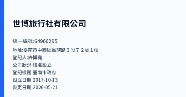 世博旅行社有限公司的照片-統編 64966295(臺南市) 公司登記資料與營業項目詳細圖表