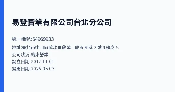 易登實業有限公司台北分公司的照片-統編 64969933(臺北市) 公司登記資料與營業項目詳細圖表