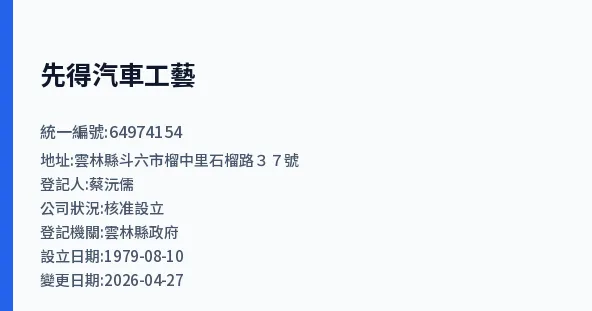 先得汽車工藝的照片-統編 64974154(雲林縣) 公司登記資料與營業項目詳細圖表
