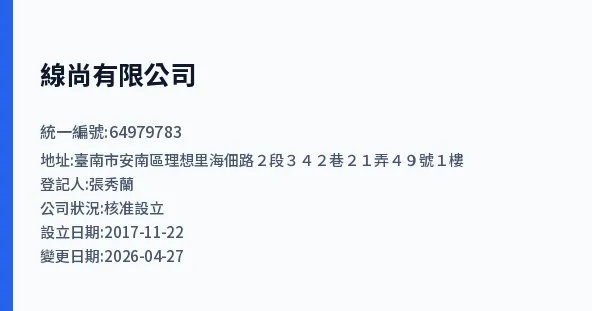 線尚有限公司的照片-統編 64979783(臺南市) 公司登記資料與營業項目詳細圖表