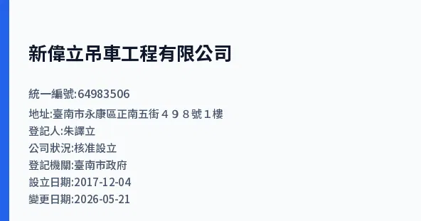 新偉立吊車工程有限公司的照片-統編 64983506(臺南市) 公司登記資料與營業項目詳細圖表