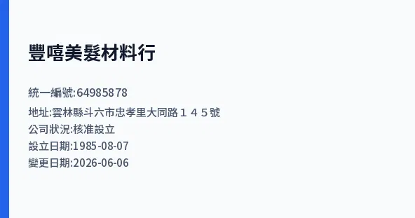 豐嘻美髮材料行的照片-統編 64985878(雲林縣) 公司登記資料與營業項目詳細圖表