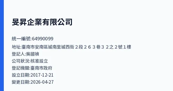 旻昇企業有限公司的照片-統編 64990099(臺南市) 公司登記資料與營業項目詳細圖表