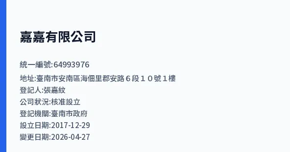 嘉嘉有限公司的照片-統編 64993976(臺南市) 公司登記資料與營業項目詳細圖表