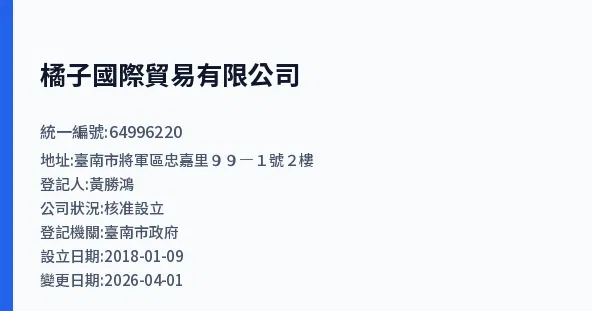 橘子國際貿易有限公司的照片-統編 64996220(臺南市) 公司登記資料與營業項目詳細圖表