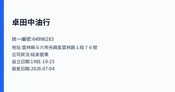 卓田中油行的照片-統編 64996283(雲林縣) 公司登記資料與營業項目詳細圖表