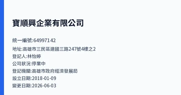 寶順興企業有限公司的照片-統編 64997142(高雄市) 公司登記資料與營業項目詳細圖表