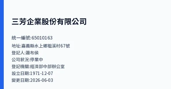 三芳企業股份有限公司的照片-統編 65010163(嘉義縣) 公司登記資料與營業項目詳細圖表