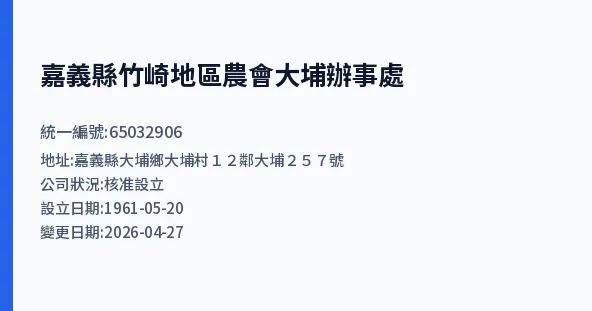 嘉義縣竹崎地區農會大埔辦事處的照片-統編 65032906(嘉義縣) 公司登記資料與營業項目詳細圖表