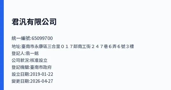 君汎有限公司的照片-統編 65099700(臺南市) 公司登記資料與營業項目詳細圖表