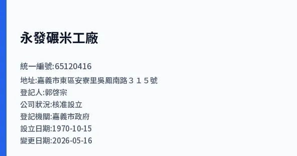 永發碾米工廠的照片-統編 65120416(嘉義市) 公司登記資料與營業項目詳細圖表