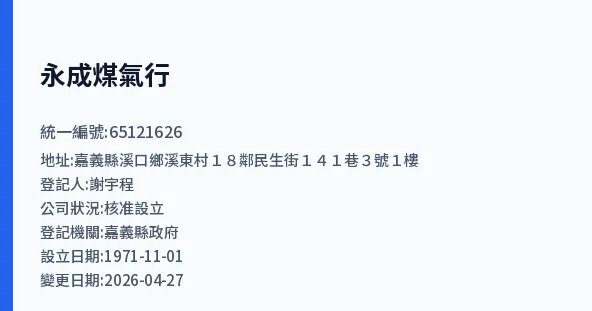 永成煤氣行的照片-統編 65121626(嘉義縣) 公司登記資料與營業項目詳細圖表