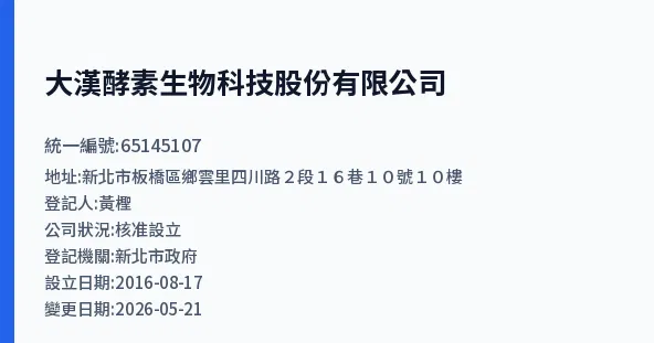 大漢酵素生物科技股份有限公司的照片-統編 65145107(新北市) 公司登記資料與營業項目詳細圖表