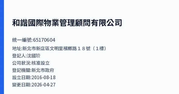 和諧國際物業管理顧問有限公司的照片-統編 65170604(新北市) 公司登記資料與營業項目詳細圖表