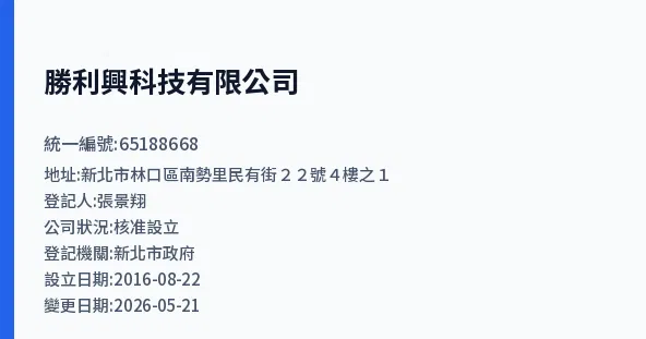 勝利興科技有限公司的照片-統編 65188668(新北市) 公司登記資料與營業項目詳細圖表