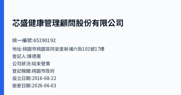芯盛健康管理顧問股份有限公司的照片-統編 65190192(桃園市) 公司登記資料與營業項目詳細圖表