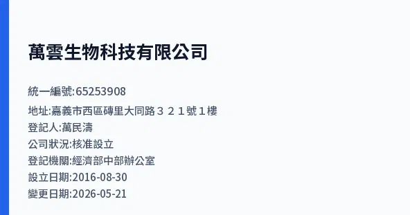 萬雲生物科技有限公司的照片-統編 65253908(嘉義市) 公司登記資料與營業項目詳細圖表