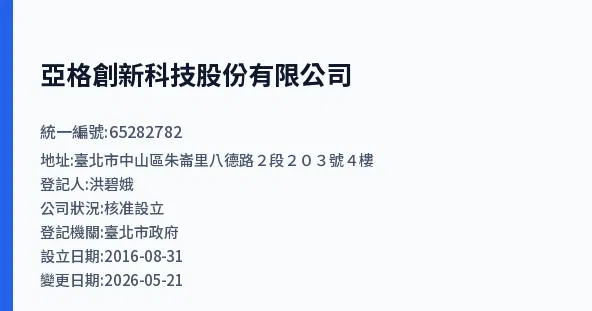 亞格創新科技股份有限公司的照片-統編 65282782(臺北市) 公司登記資料與營業項目詳細圖表