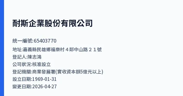 耐斯企業股份有限公司的照片-統編 65403770(嘉義縣) 公司登記資料與營業項目詳細圖表