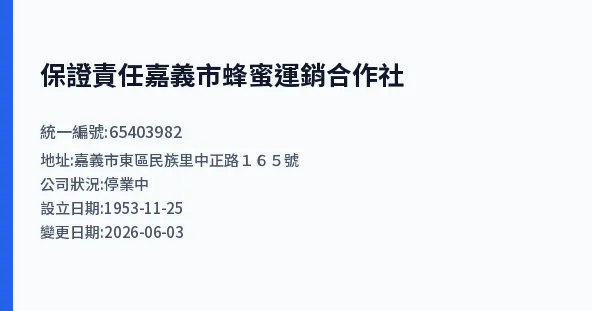 保證責任嘉義市蜂蜜運銷合作社的照片-統編 65403982(嘉義市) 公司登記資料與營業項目詳細圖表