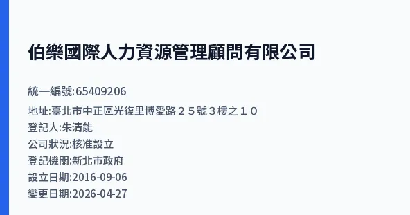 伯樂國際人力資源管理顧問有限公司的照片-統編 65409206(臺北市) 公司登記資料與營業項目詳細圖表