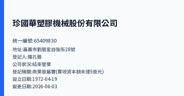 珍國華塑膠機械股份有限公司的照片-統編 65409830(嘉義市) 公司登記資料與營業項目詳細圖表