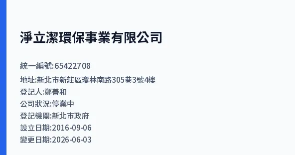 淨立潔環保事業有限公司的照片-統編 65422708(新北市) 公司登記資料與營業項目詳細圖表