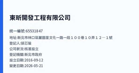 東昕開發工程有限公司的照片-統編 65531847(新北市) 公司登記資料與營業項目詳細圖表