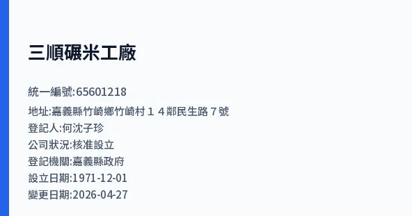 三順碾米工廠的照片-統編 65601218(嘉義縣) 公司登記資料與營業項目詳細圖表