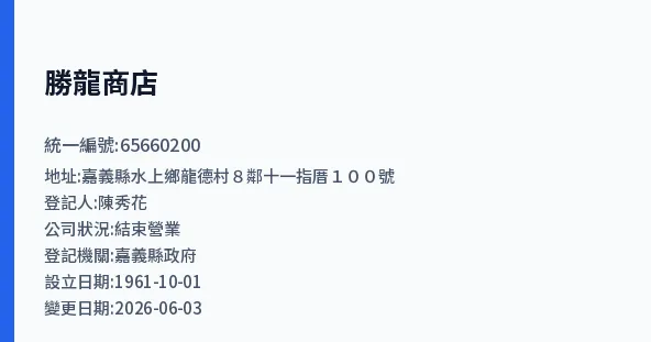 勝龍商店的照片-統編 65660200(嘉義縣) 公司登記資料與營業項目詳細圖表