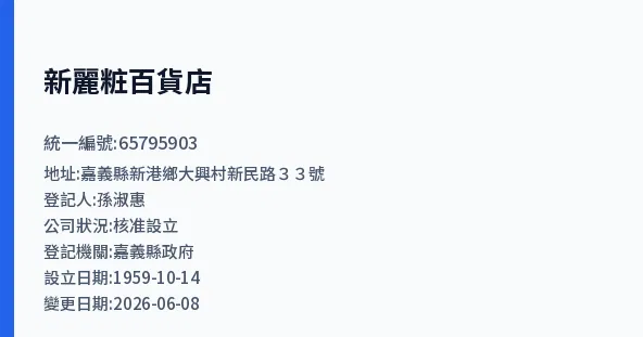 新麗粧百貨店的照片-統編 65795903(嘉義縣) 公司登記資料與營業項目詳細圖表