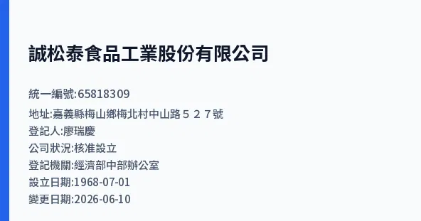 誠松泰食品工業股份有限公司的照片-統編 65818309(嘉義縣) 公司登記資料與營業項目詳細圖表