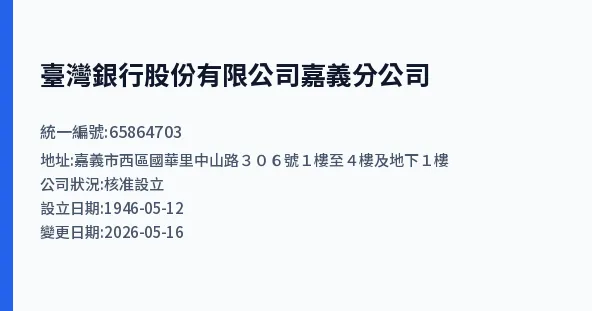 臺灣銀行股份有限公司嘉義分公司的照片-統編 65864703(嘉義市) 公司登記資料與營業項目詳細圖表