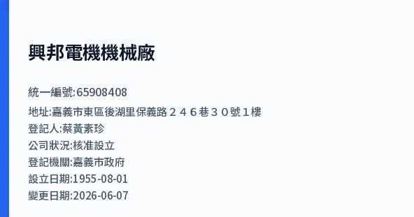 興邦電機機械廠的照片-統編 65908408(嘉義市) 公司登記資料與營業項目詳細圖表
