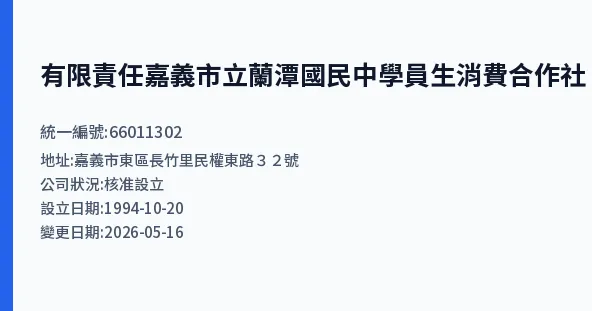 有限責任嘉義市立蘭潭國民中學員生消費合作社的照片-統編 66011302(嘉義市) 公司登記資料與營業項目詳細圖表
