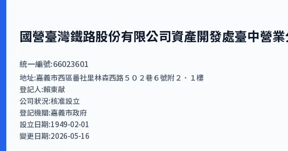 國營臺灣鐵路股份有限公司資產開發處臺中營業分處嘉義服務站的照片-統編 66023601(嘉義市) 公司登記資料與營業項目詳細圖表