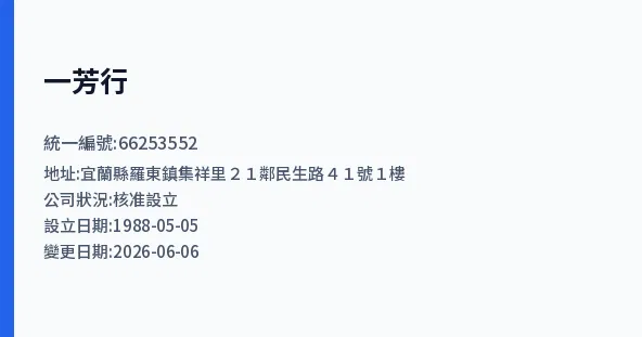 一芳行的照片-統編 66253552(宜蘭縣) 公司登記資料與營業項目詳細圖表